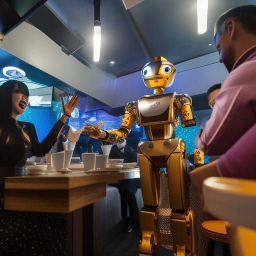 Humanoid robot restaurant server spilling tray of food. bewildered ...