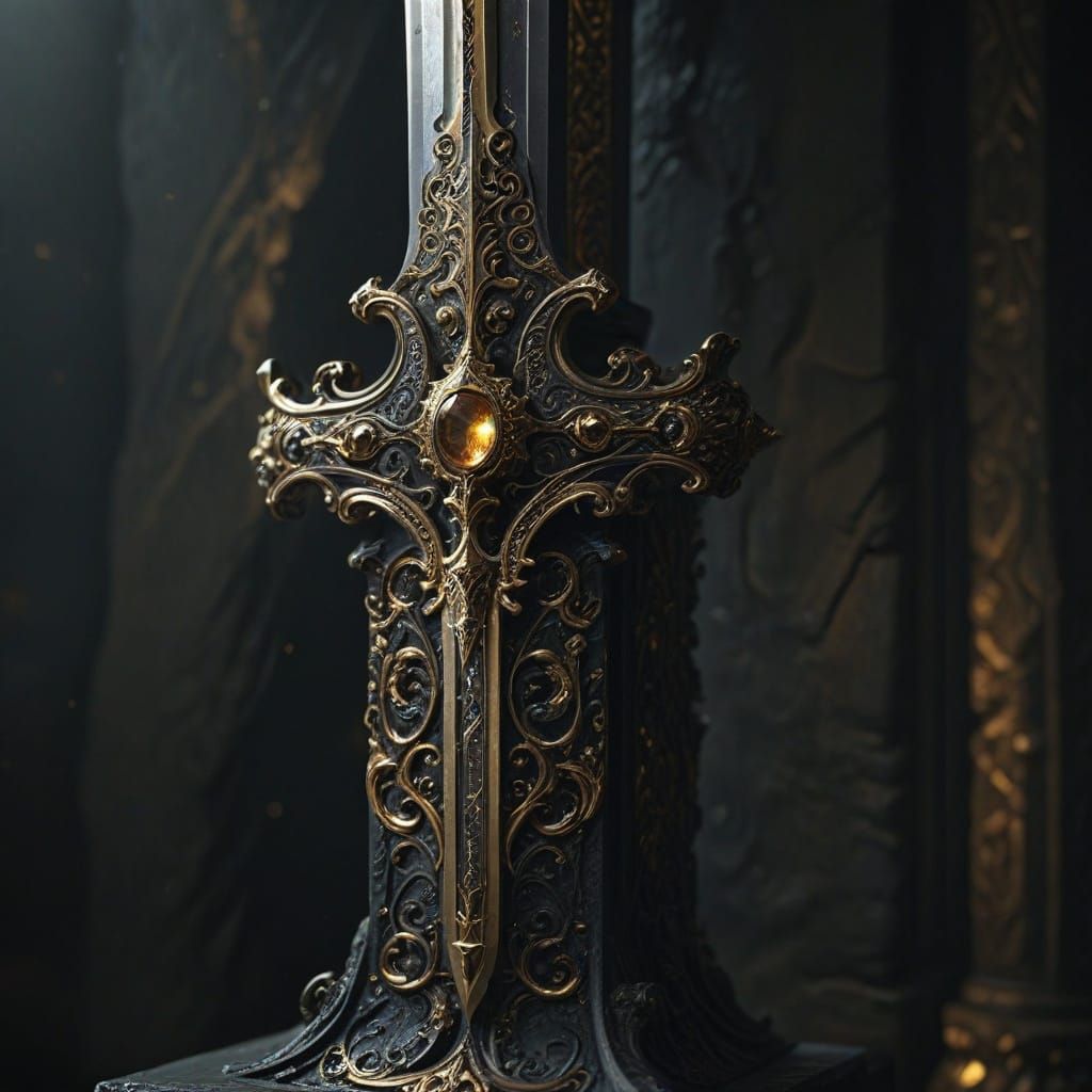 Ethereal Dark Fantasy Sword with Golden Inlays - AI Art
