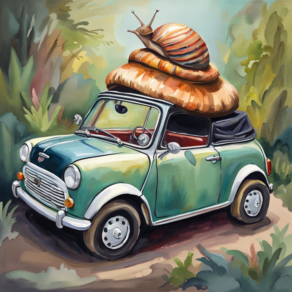 Big 🐌SNAIL🐌 on mushroom on old Mini Cooper 💚 - AI Generated Artwork ...