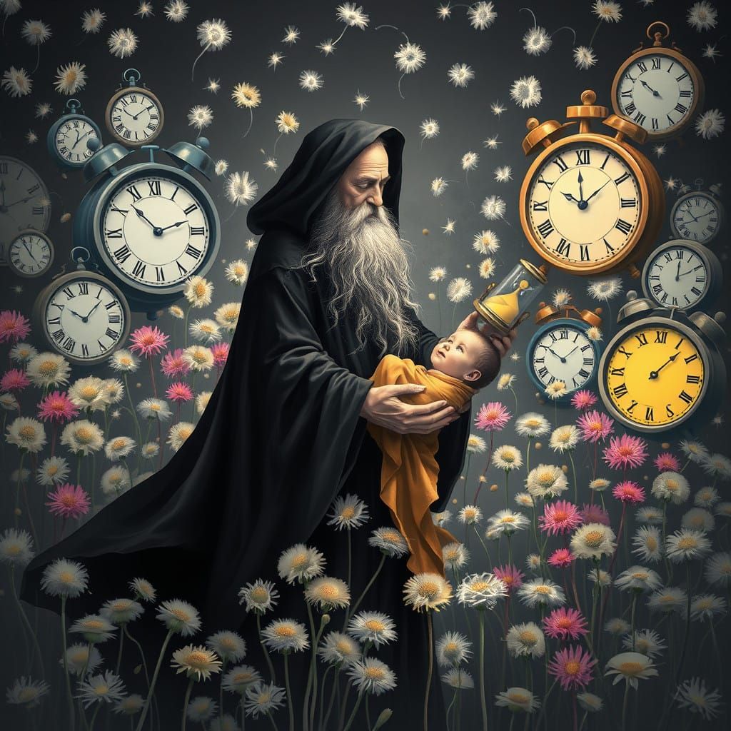 Father Time and Baby New Year in Whimsical Dandeli... - AI Art