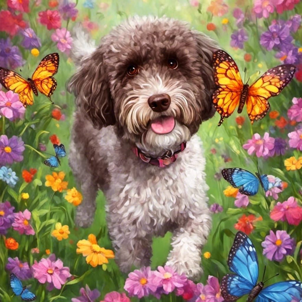 Labradoodle with butterflies and spring flowers - AI Generated Artwork ...