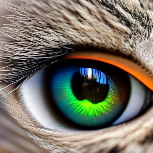 close up photo cat eye , rainbow color iris, macro lens , sharp focus ...