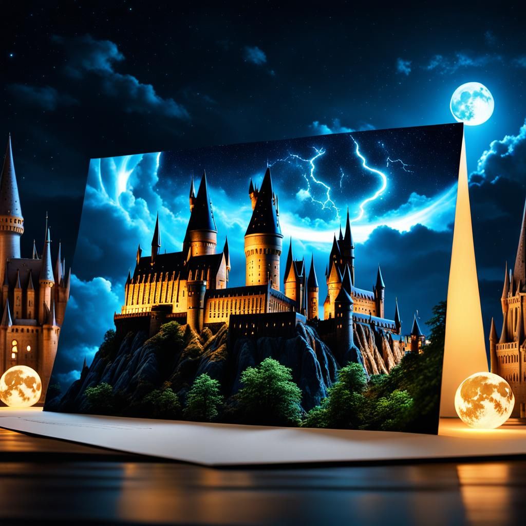 A postcard from Hogwarts showing the castle, magical creatures, wispy ...