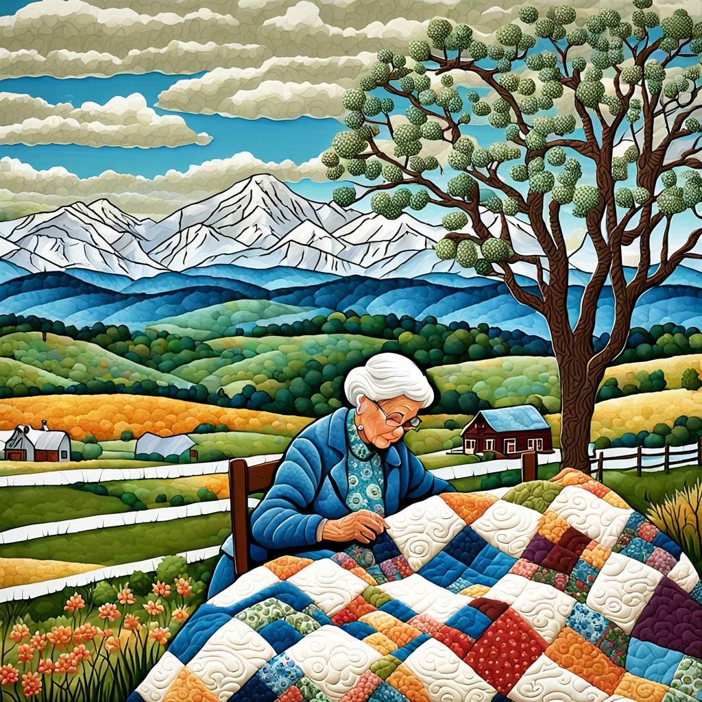 A beautiful old lady quilting in a country scene with files, trees and ...