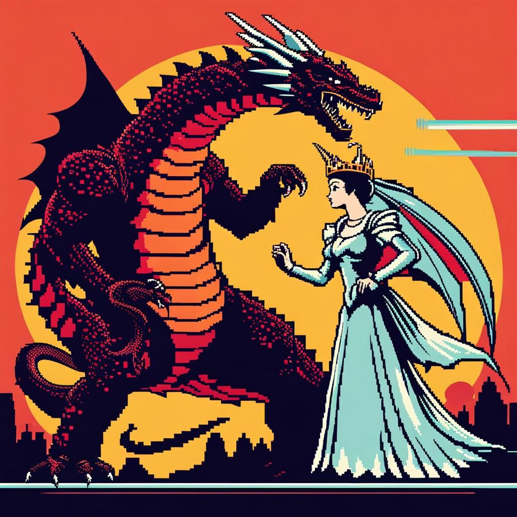 Retro style dragon fights a godzilla style monster to protect a fairy ...