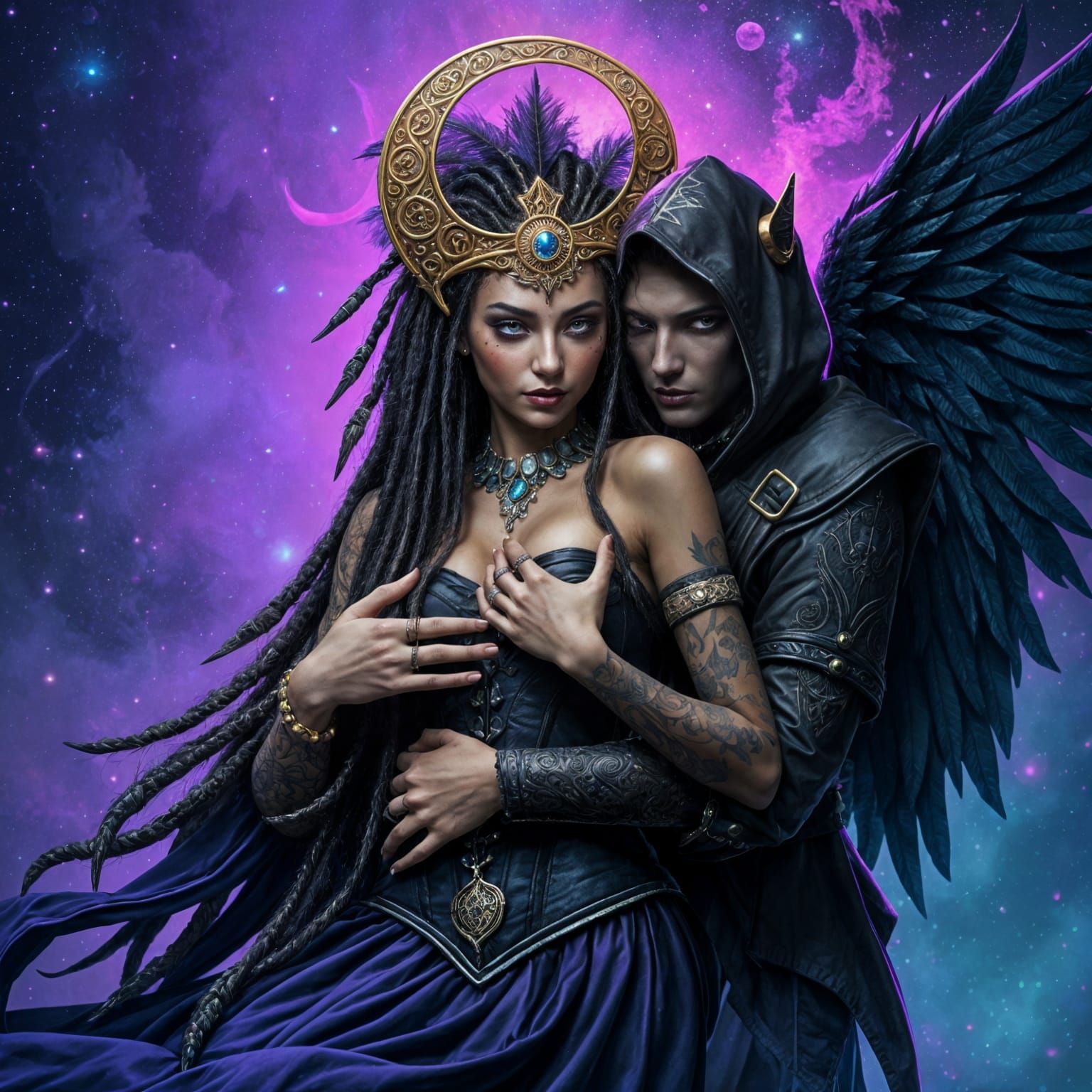 An ethereal cyber-fantasy queen with dreadlocks and golden facial designs, wearing a crescent ...