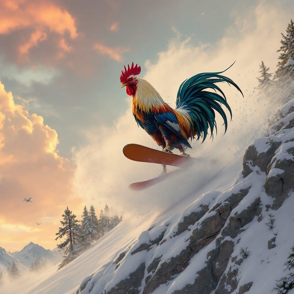 Sunrise paints the sky, rooster leaps from snowy cliffs— wind whispers ...