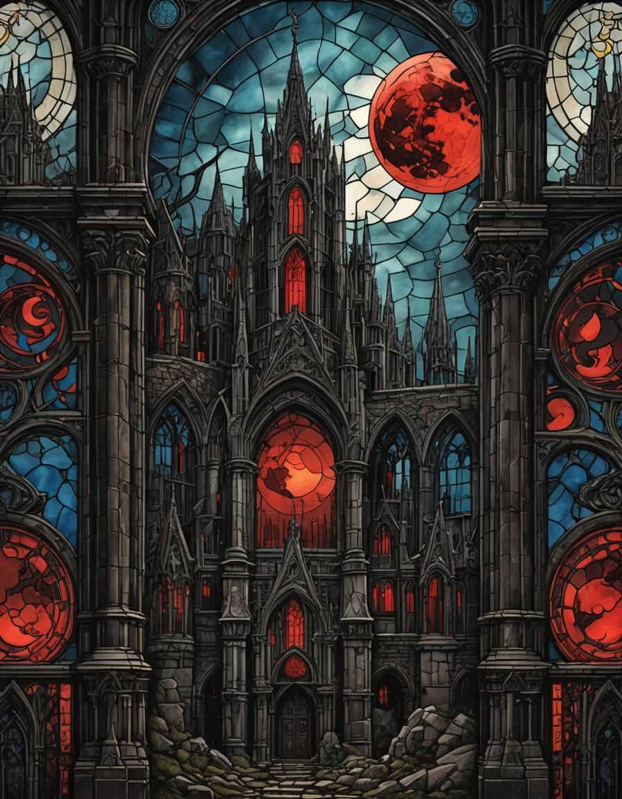 dark gothic blood moon celestial ruins stained glass - AI Generated ...