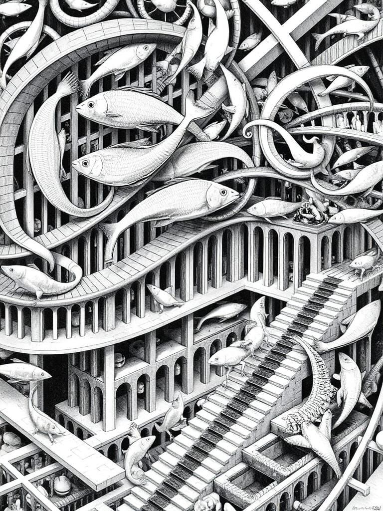 an intricate, surreal drawing inspired by M.C. Escher, featuring ...
