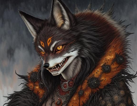 A damaged jackal-fox-wolf-hybrid mask, punk-goth, furry art, the ...
