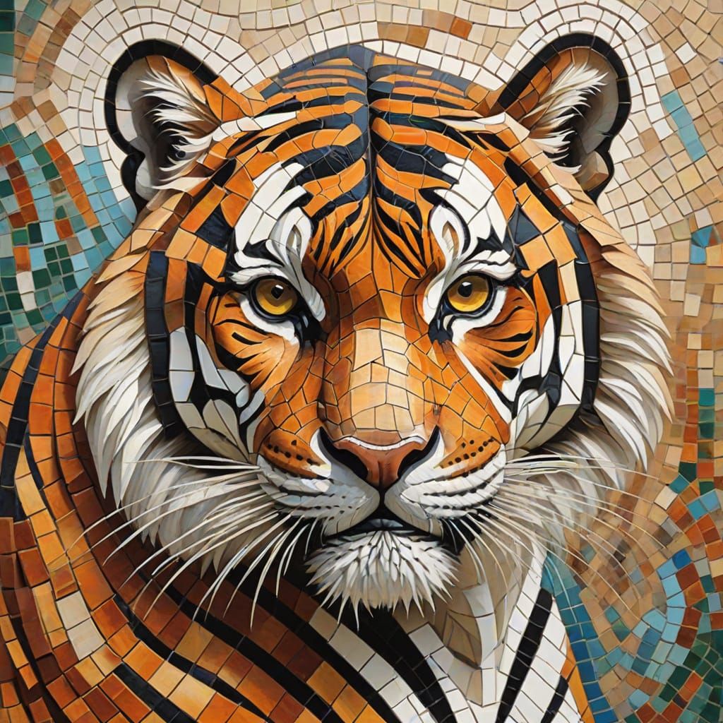 Realistic oil painting. A wall mosaic depicting a tiger. The mosaic ...