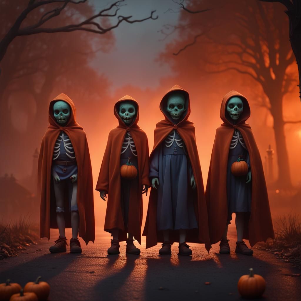 claymation style scene of five trick-or-treaters in spooky halloween ...