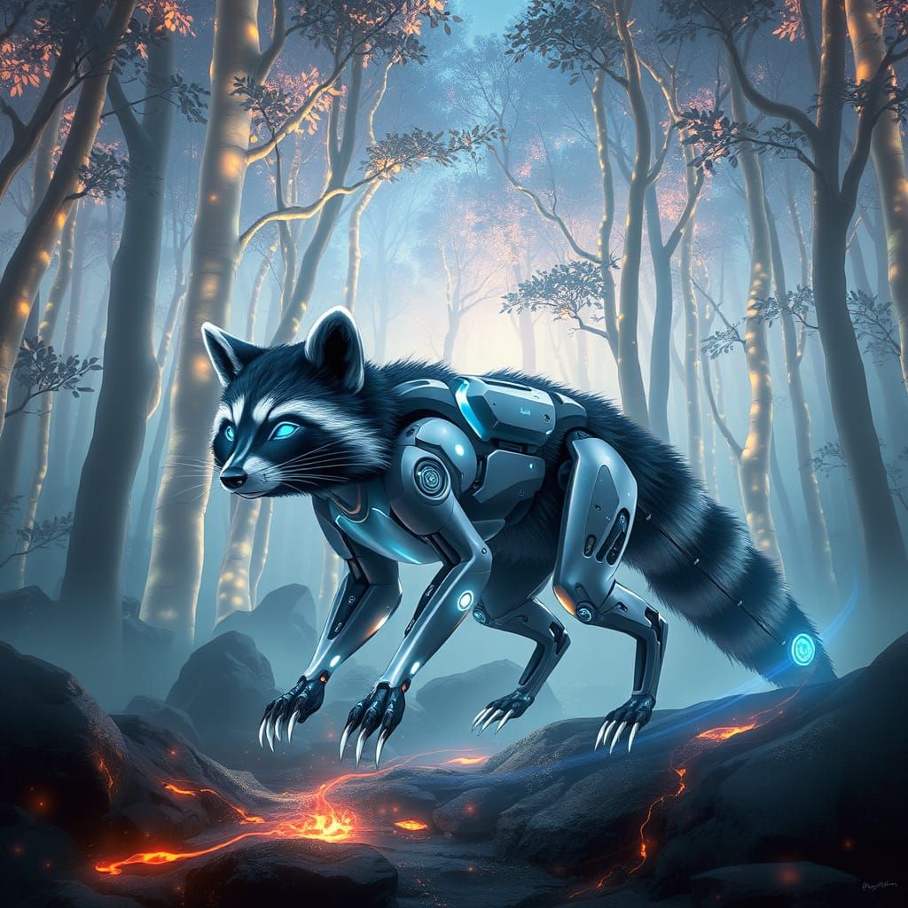 Cybernetic Raccoon Zephyr in Luminous Forest - AI Art