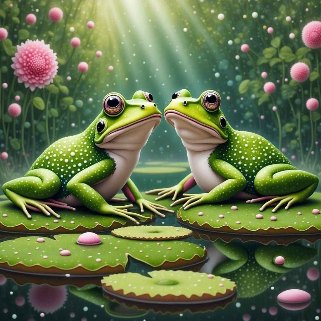 Pastel Frogs Share a Romantic Moment on a Single L... - AI Art
