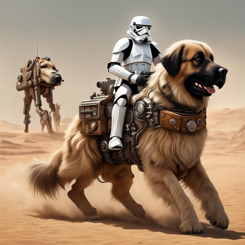 A starwars stormtrooper rideing a gigantic leonberger dog in the desert ...