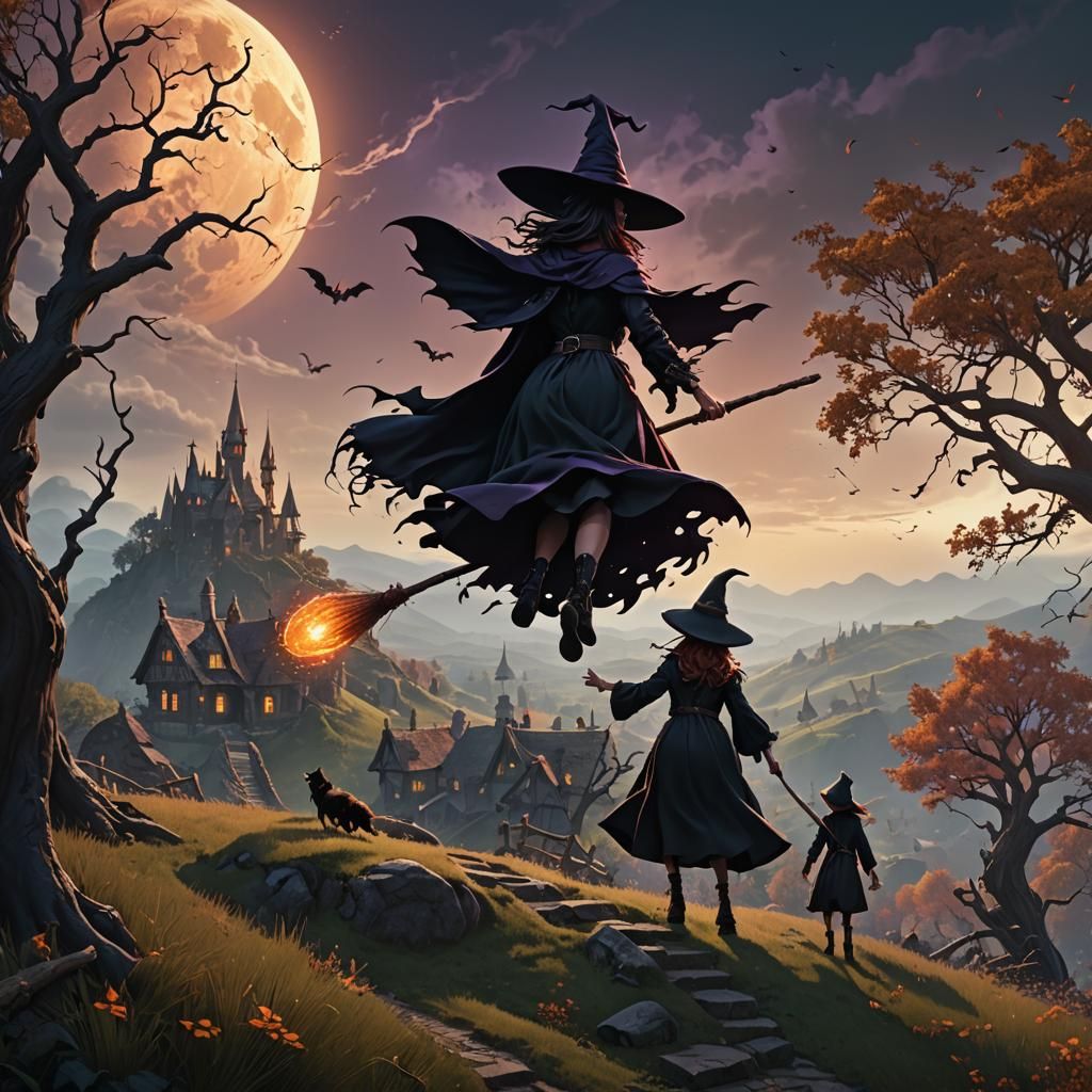 a witch hit on top of a hill and the witch is tricking to two kids to ...