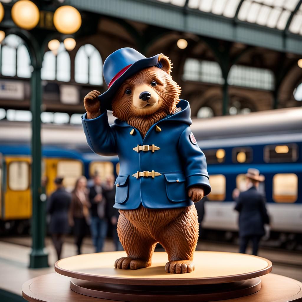 Cake sculpture of Paddington Bear raising his hat and standing on a ...