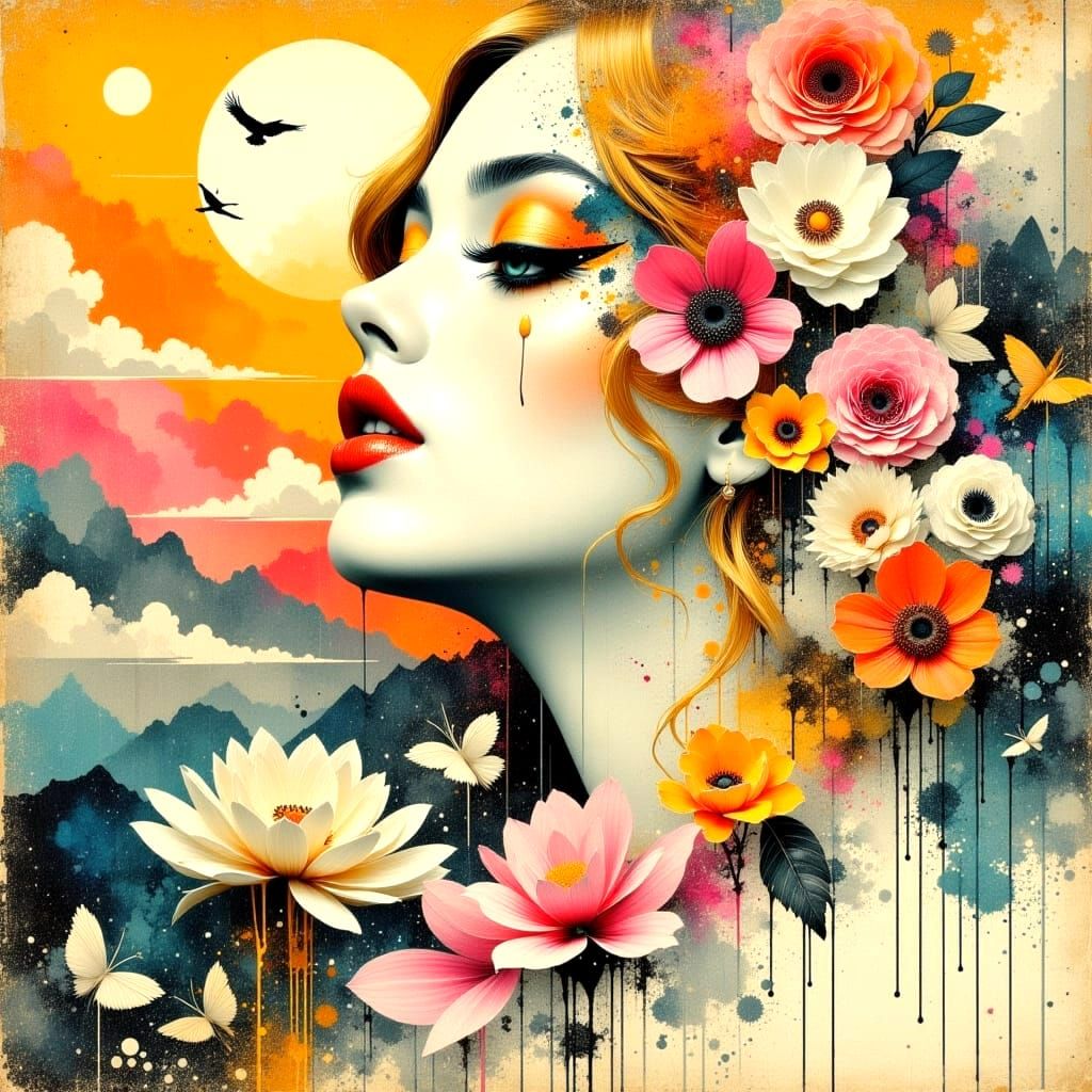 Whimsical Apricot Sunset with Blooming Flowers and... - AI Art