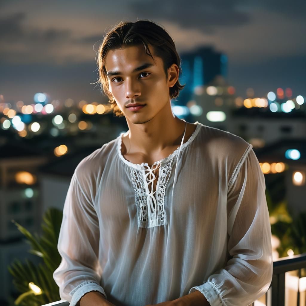 Ethereal Young Man in Tropical Nightlight Dream - AI Art