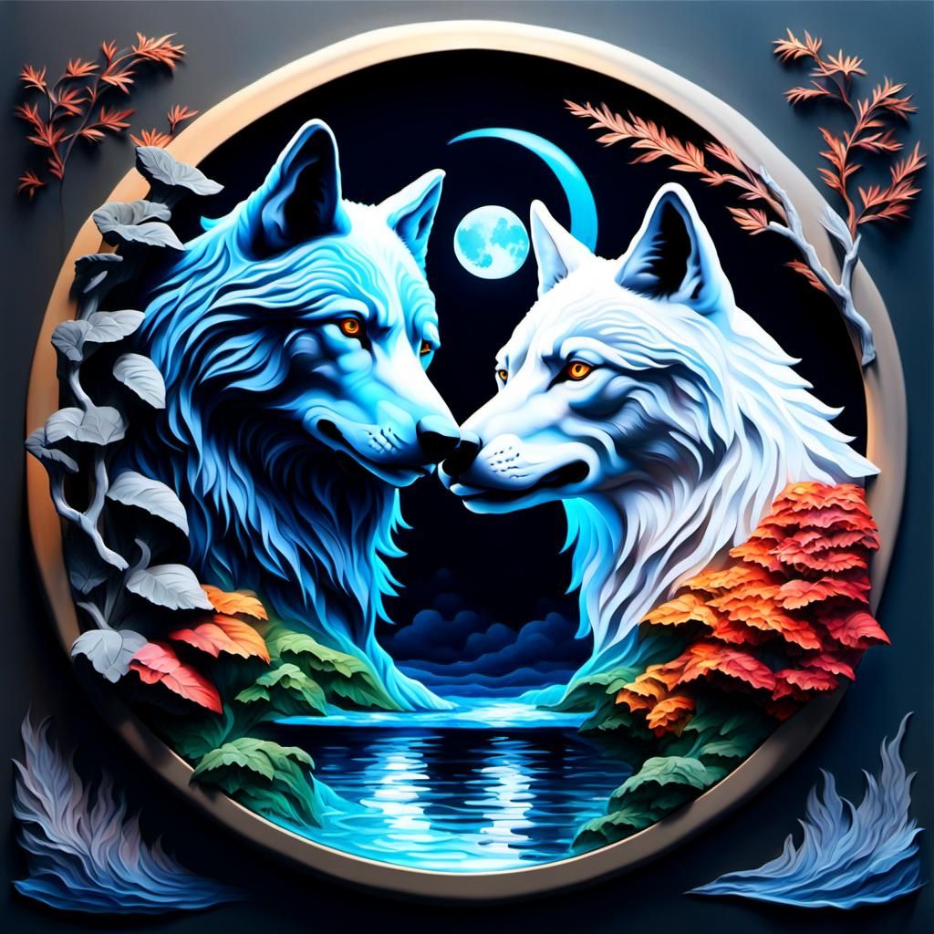 Chiaroscuro Duality: Embodied by Black & White Wolves - AI Generated ...