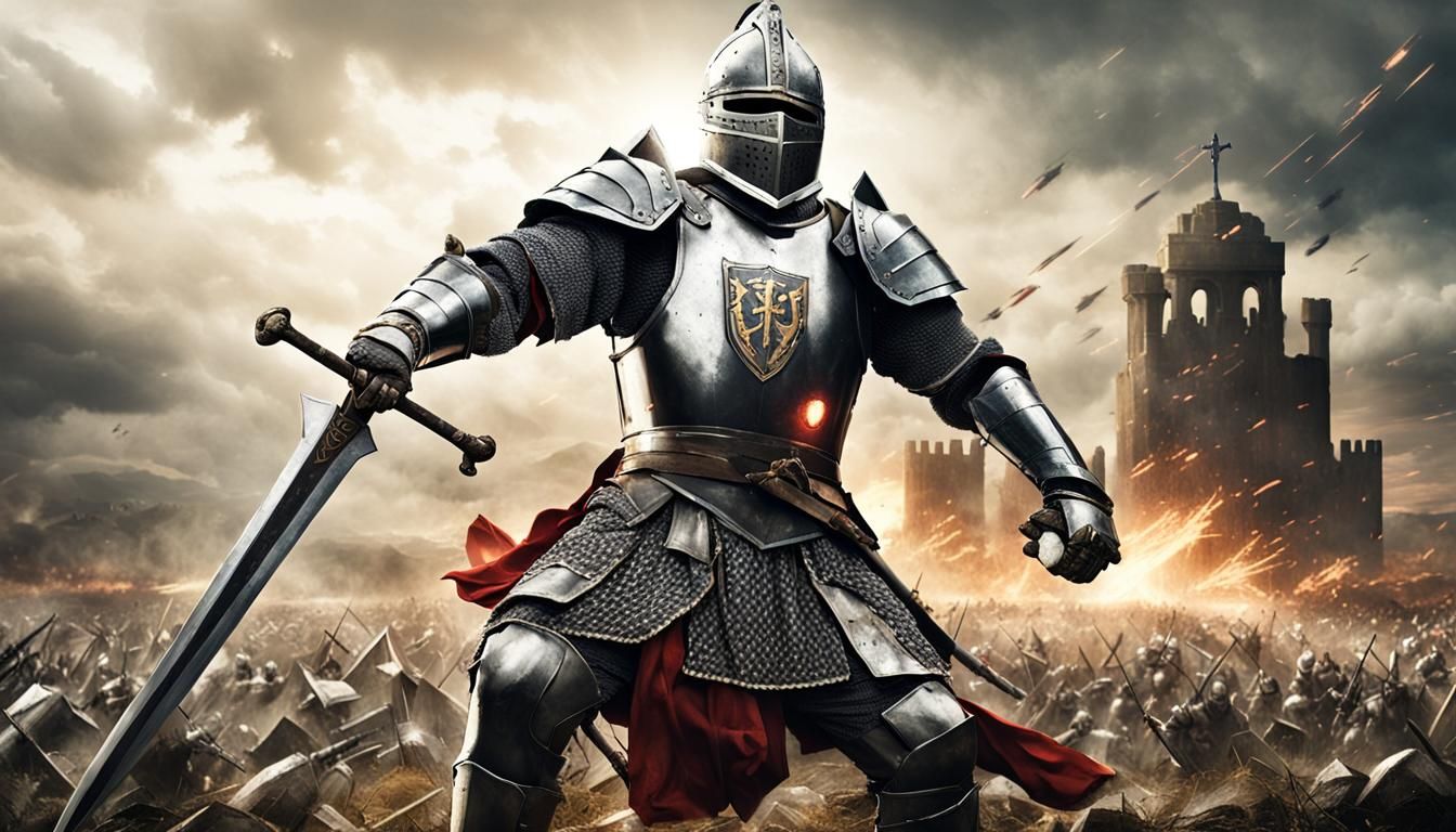 a knight in full armor striking a triumphant pose after a glorious ...