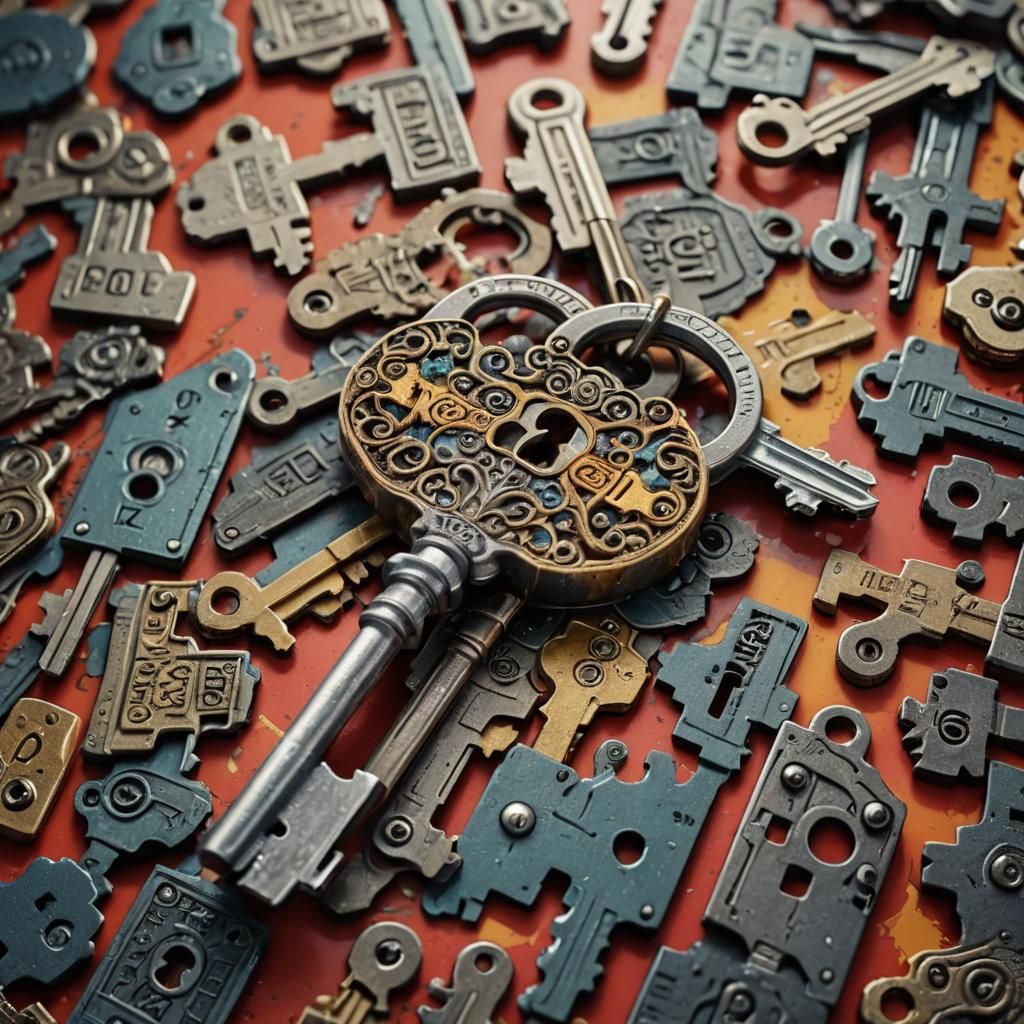 extreme closeup of an over-complicated house key, ridiculous, intricate ...
