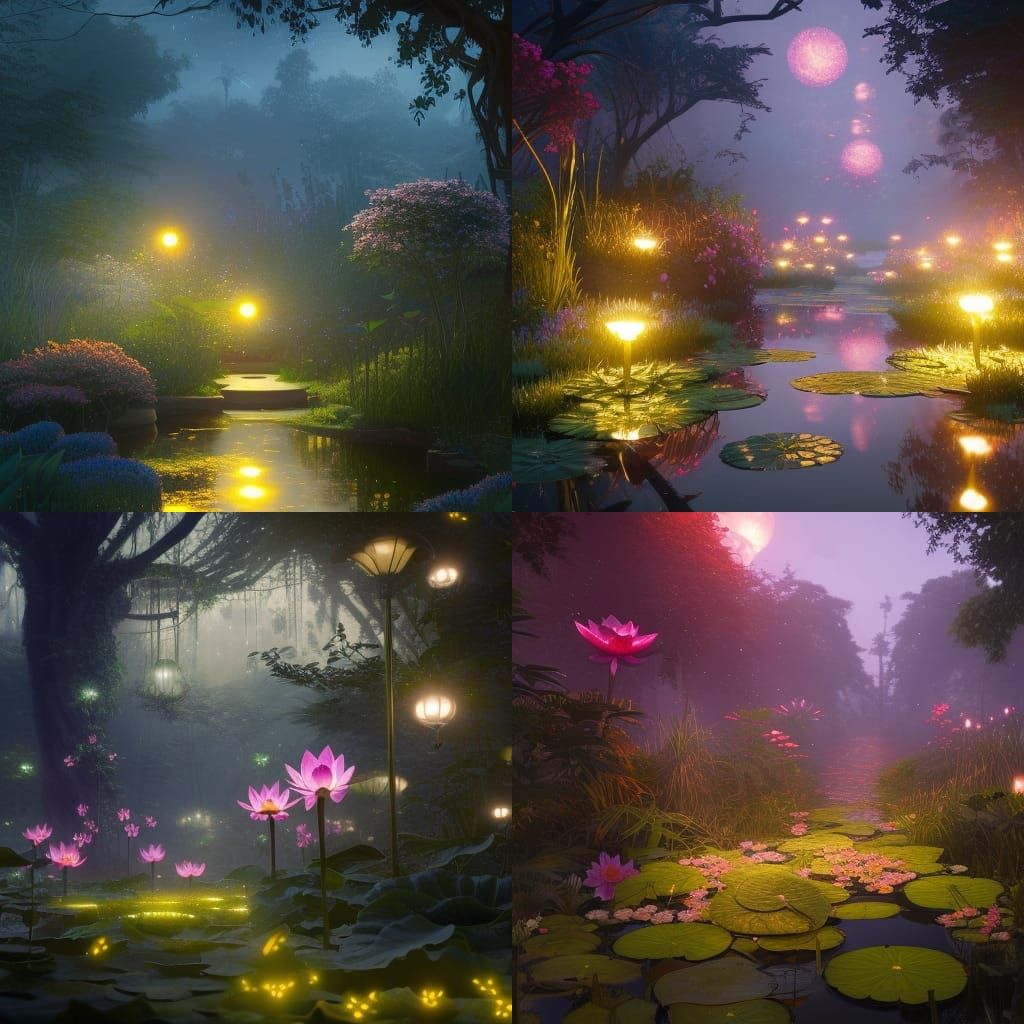 Glowing midnight garden full of lotus, orchids, and fireflies 8k ...