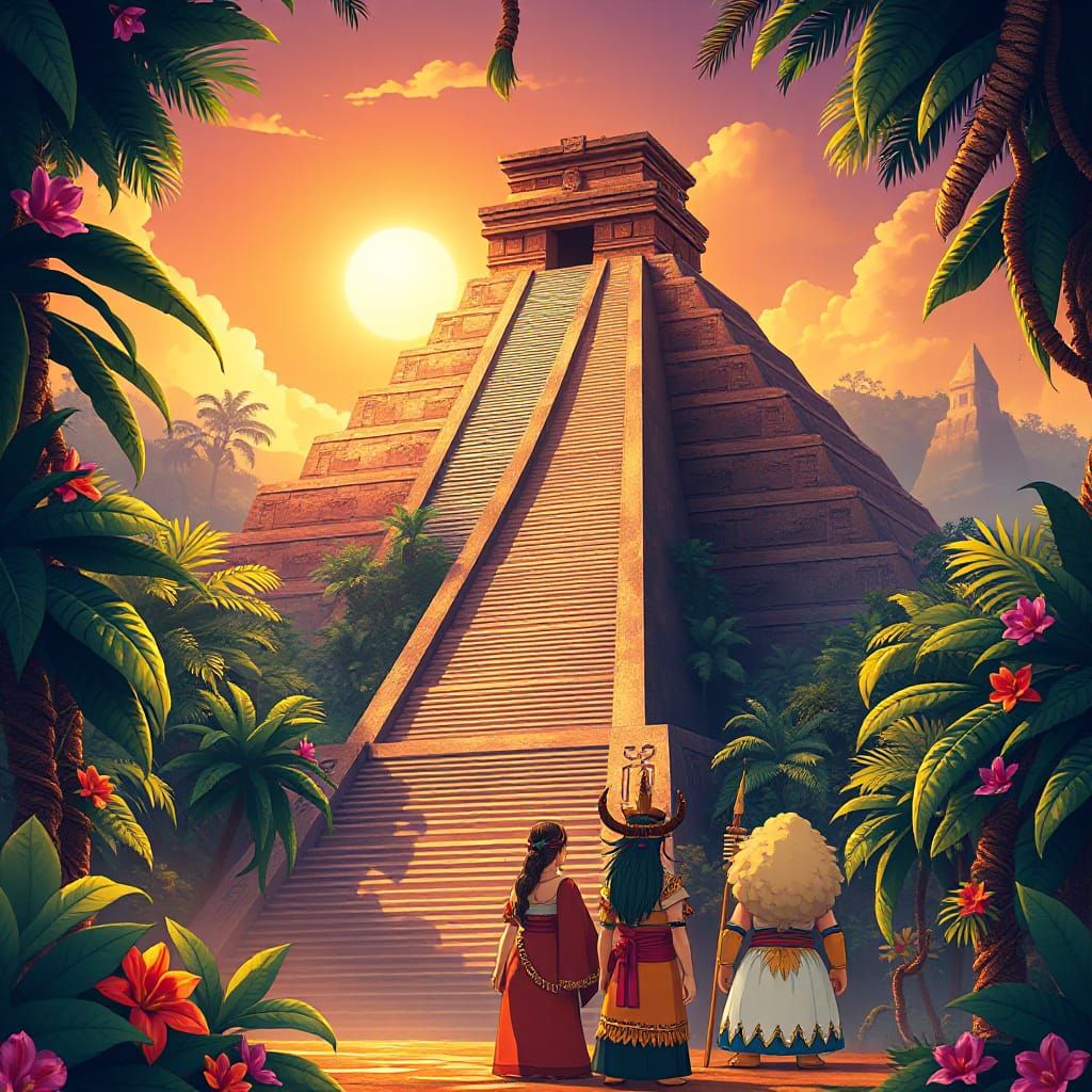 Aztec Pyramid Rises from Emerald Jungle in Vibrant... - AI Art