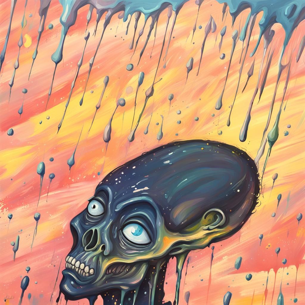 Dripping paint and an alien head with elongated cranium and now ears in ...