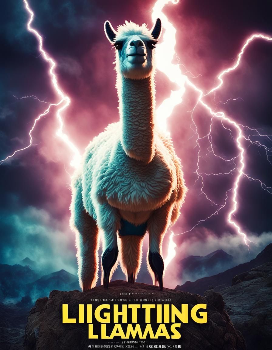 A movie poster promoting a new fantasy called " Lightning Llamas". A ...