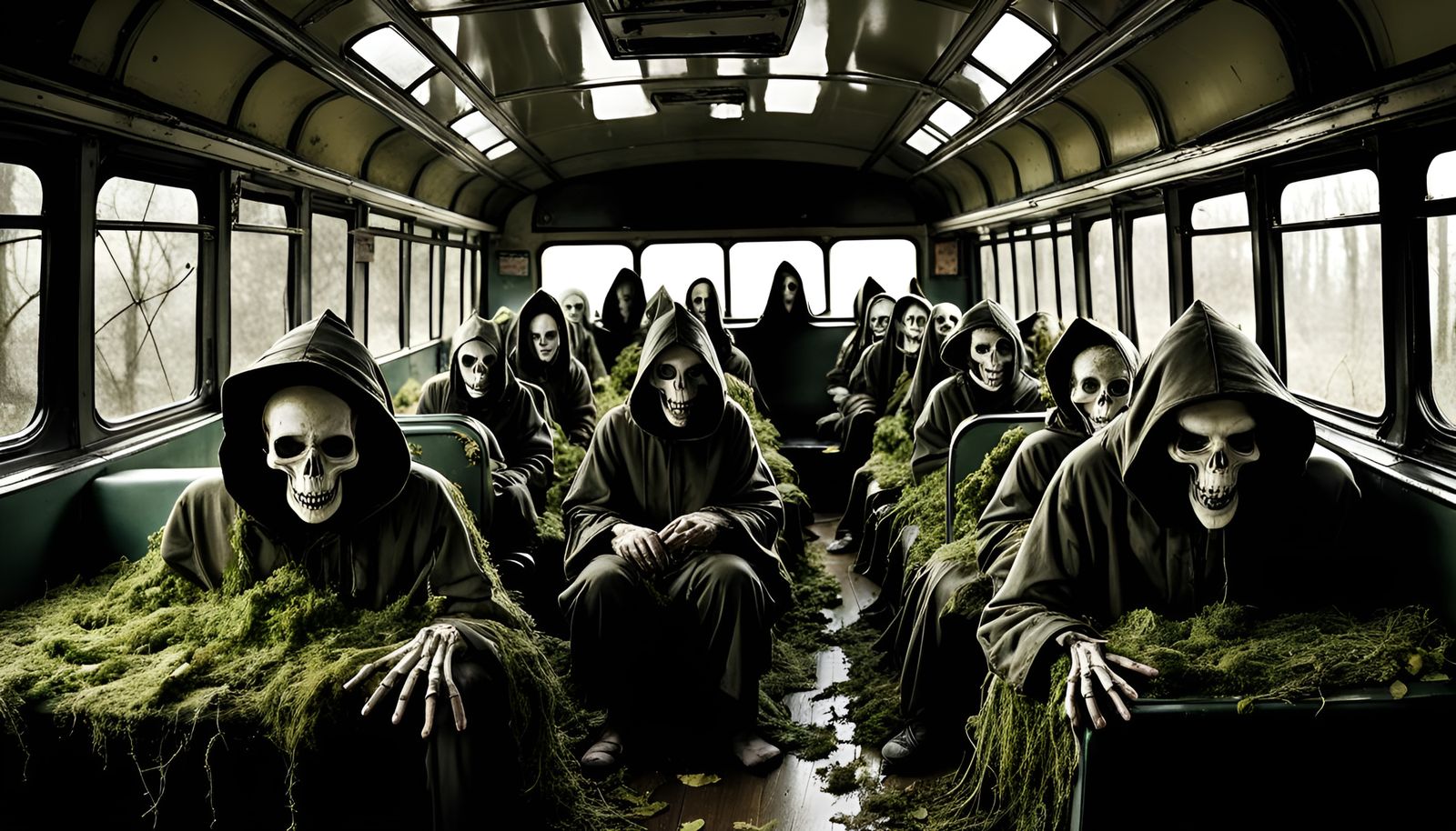 Halloween time seance in the back of a school bus with skeleton hooded ...