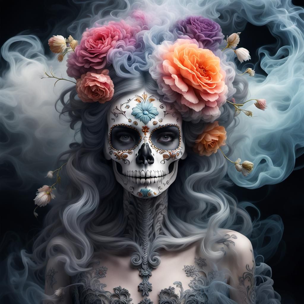 rococo style, smoke sculpture portrait sugar skull skeleton made of ...