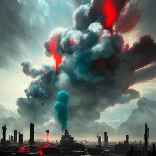Post-Apocalyptic, city, atomic cloud, blue and red, green smoke ...