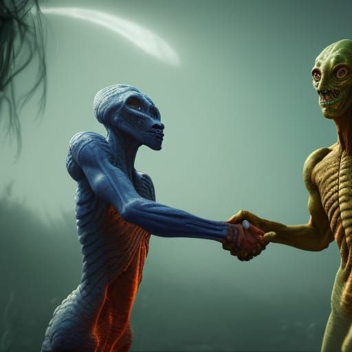 A human lizard and an extraterrestrial shaking hands - AI Generated ...