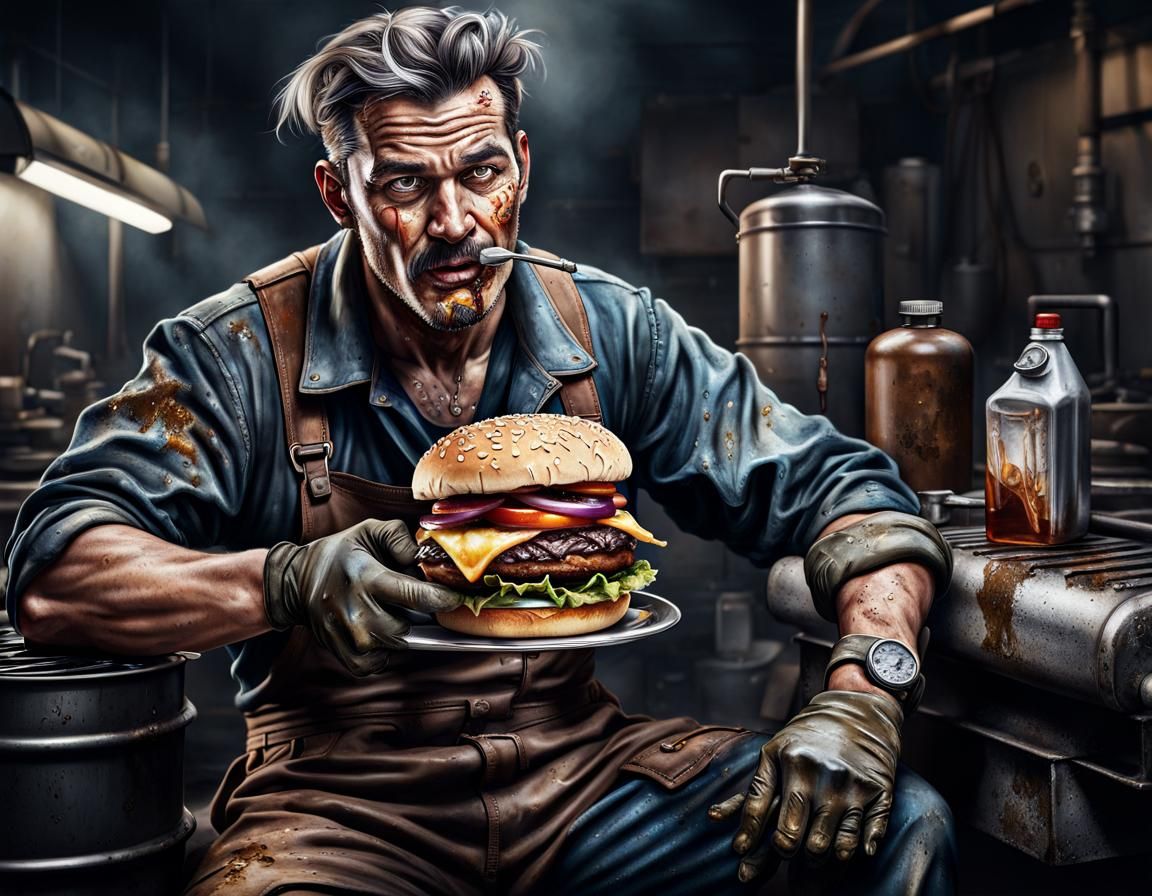 A garage lunch break - Steampunk Mechanic Savoring a Burger ...