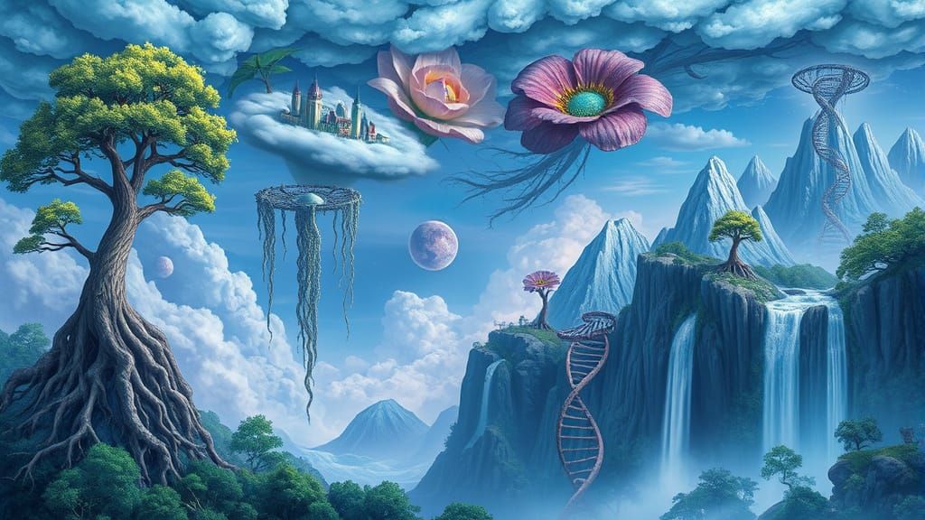 Dreamlike Landscape with Inverted Trees and Celestial Cities