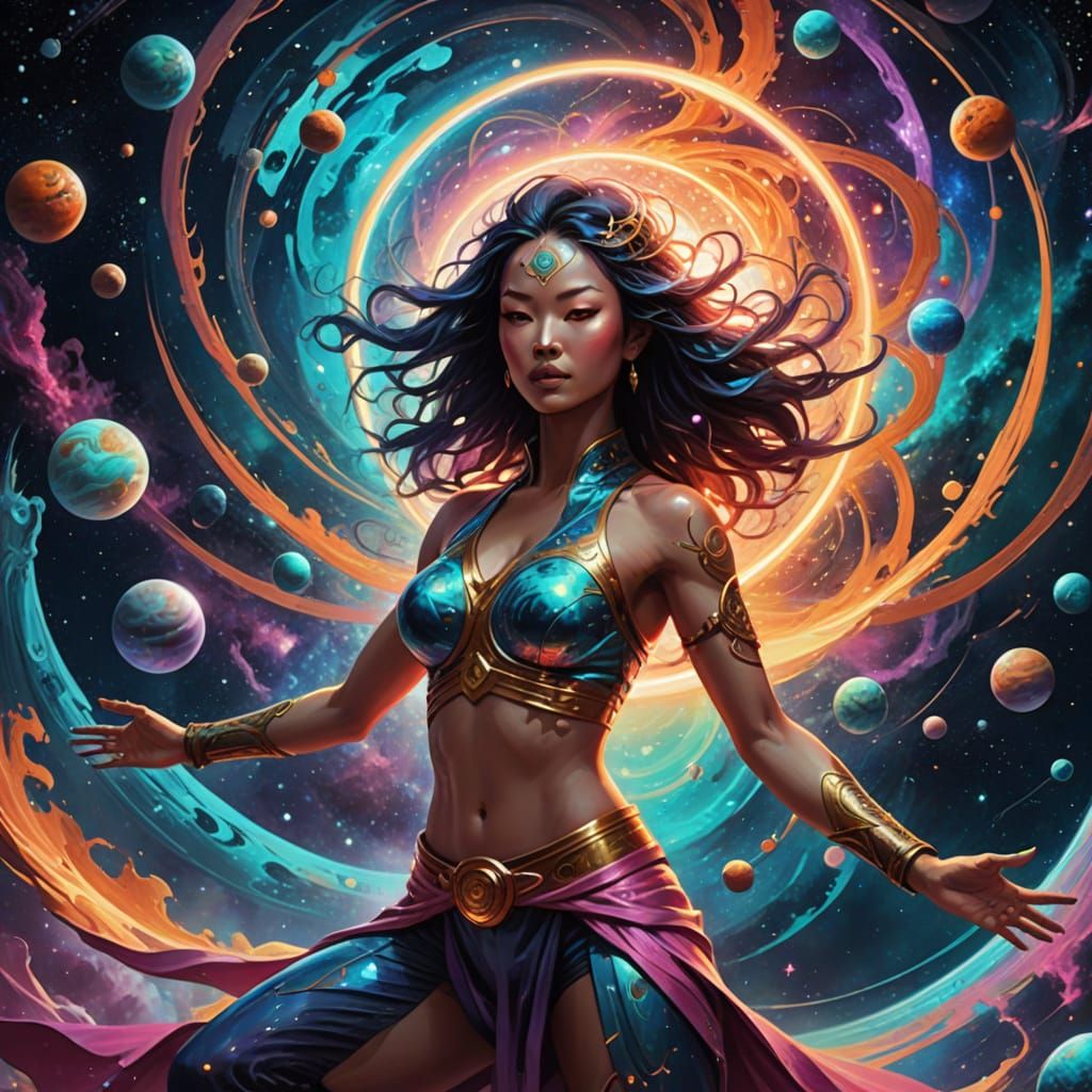 Cosmic Goddess in Vibrant Bikini Amidst Planetscap... - AI Art