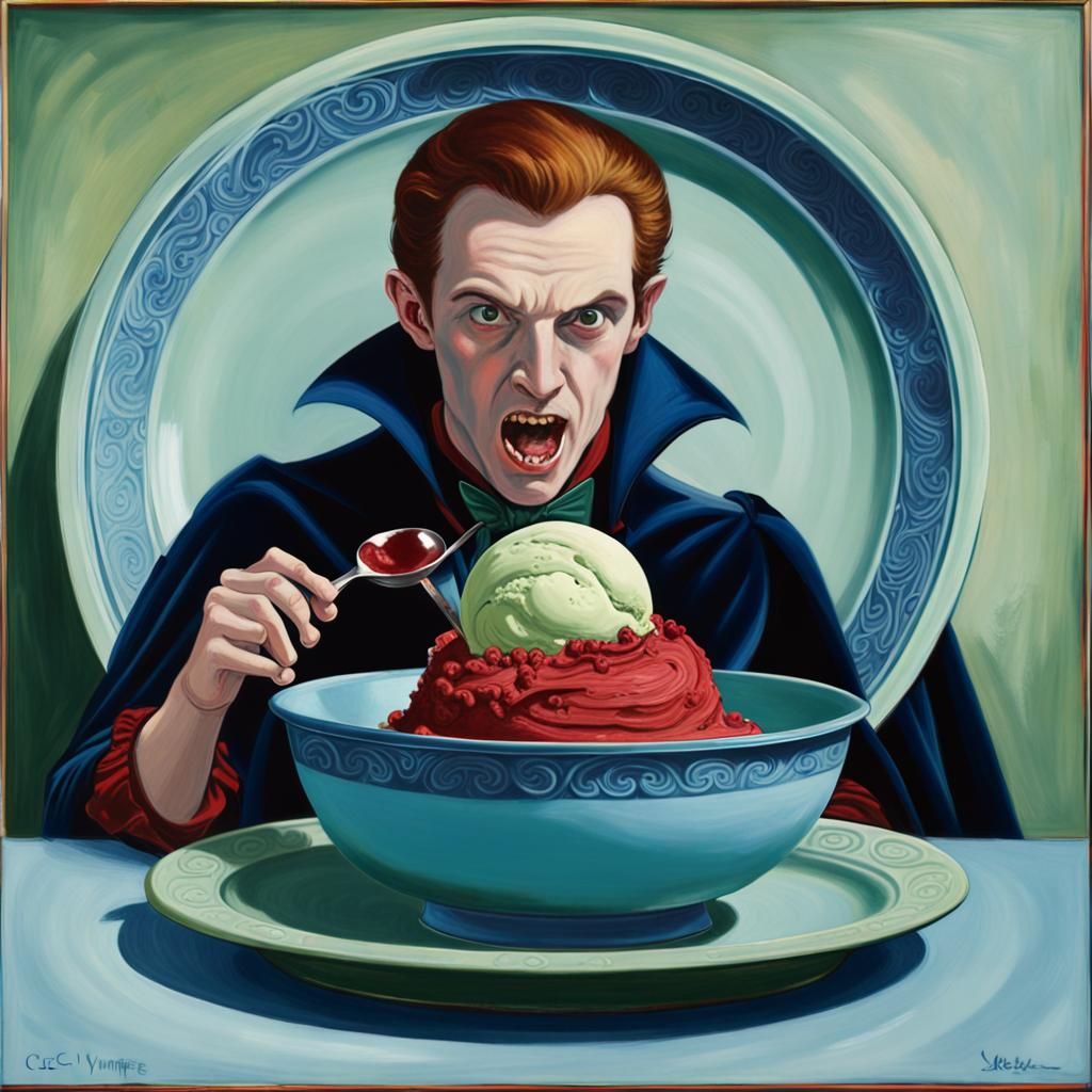 Dracula eating a red velvet cupcake with mint ice cream on top. - AI ...