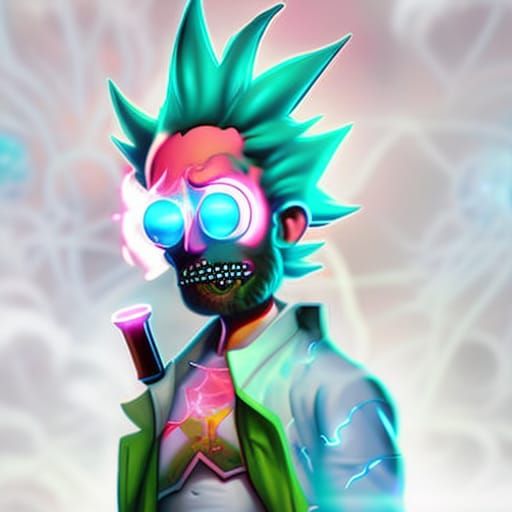 Rick Sanchez (of Rick n Morty) as mad scientist, laboratory with flasks ...