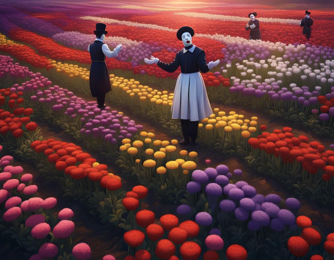 flower field with (dozen of mime artists:3), masterpiece, detailed ...