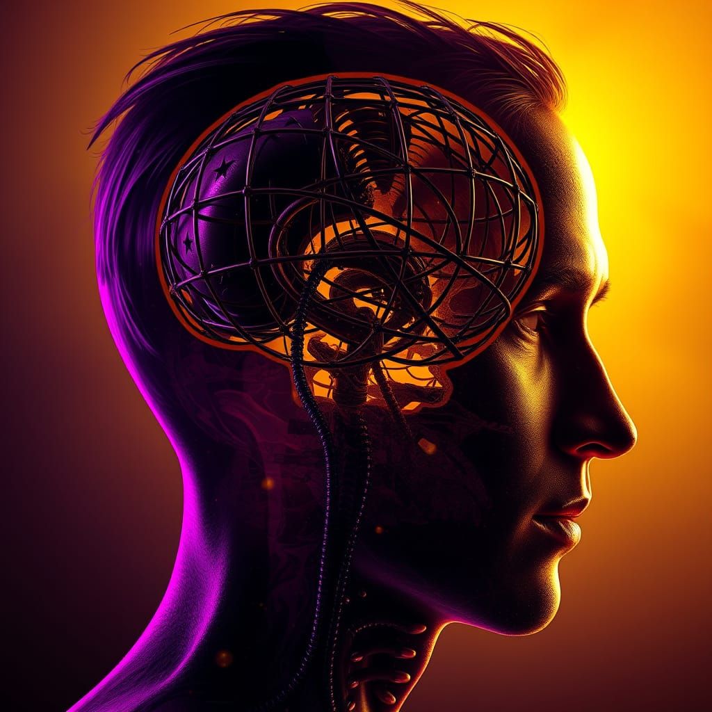 Double exposure Man with a cage inside his skull forming his brain. a ...