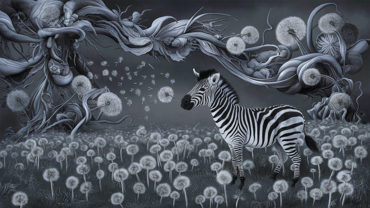 Zebra in a Million Dandelion dreamscape, making wishes , Salvador Dali collaboration Paul Klee ...