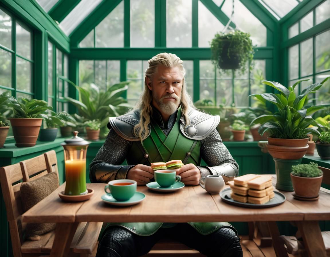 (((Thor the Norse God of Thunder))) relaxes in a cozy green house with ...