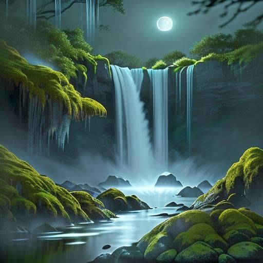 Waterfall Chasing Moonlight Stand beside a cascading waterfall as the ...
