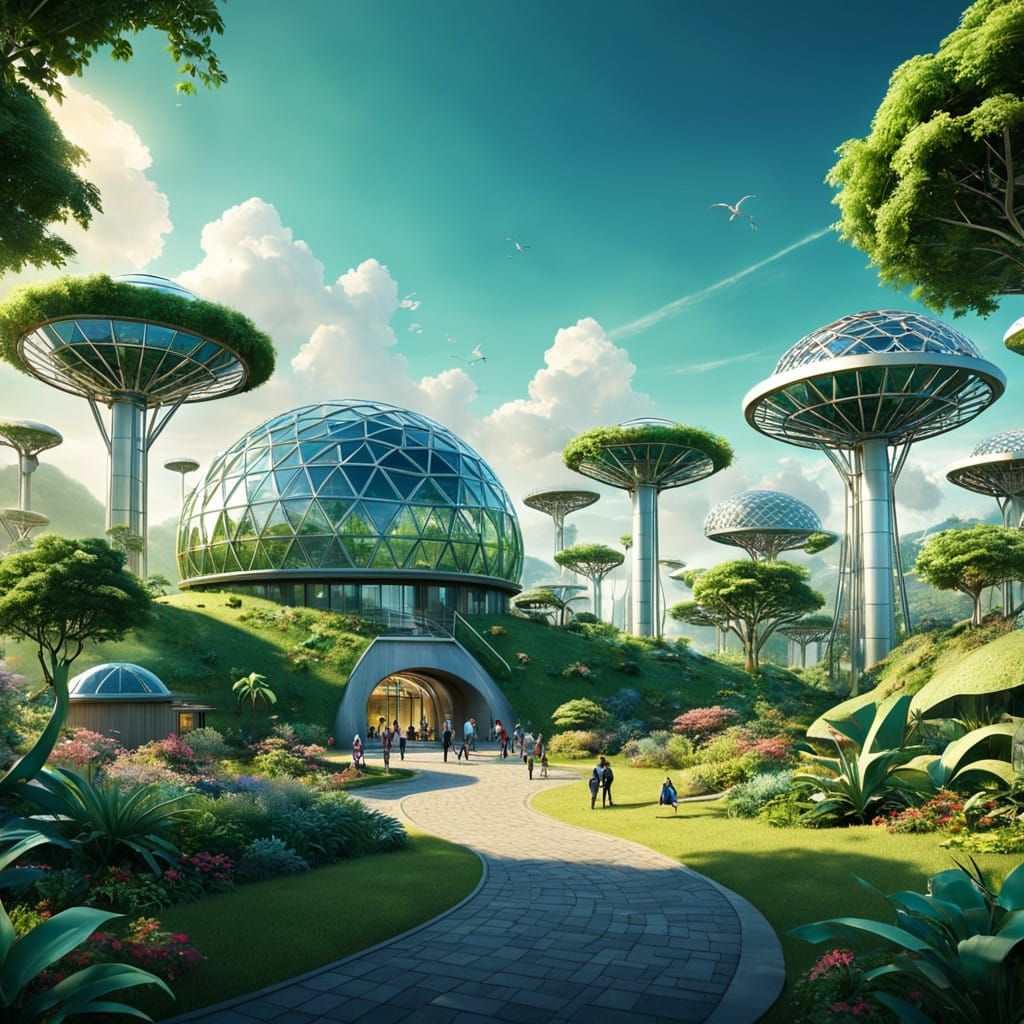 Futuristic Eco-Park with Bio-Domes and Sustainable... - AI Art