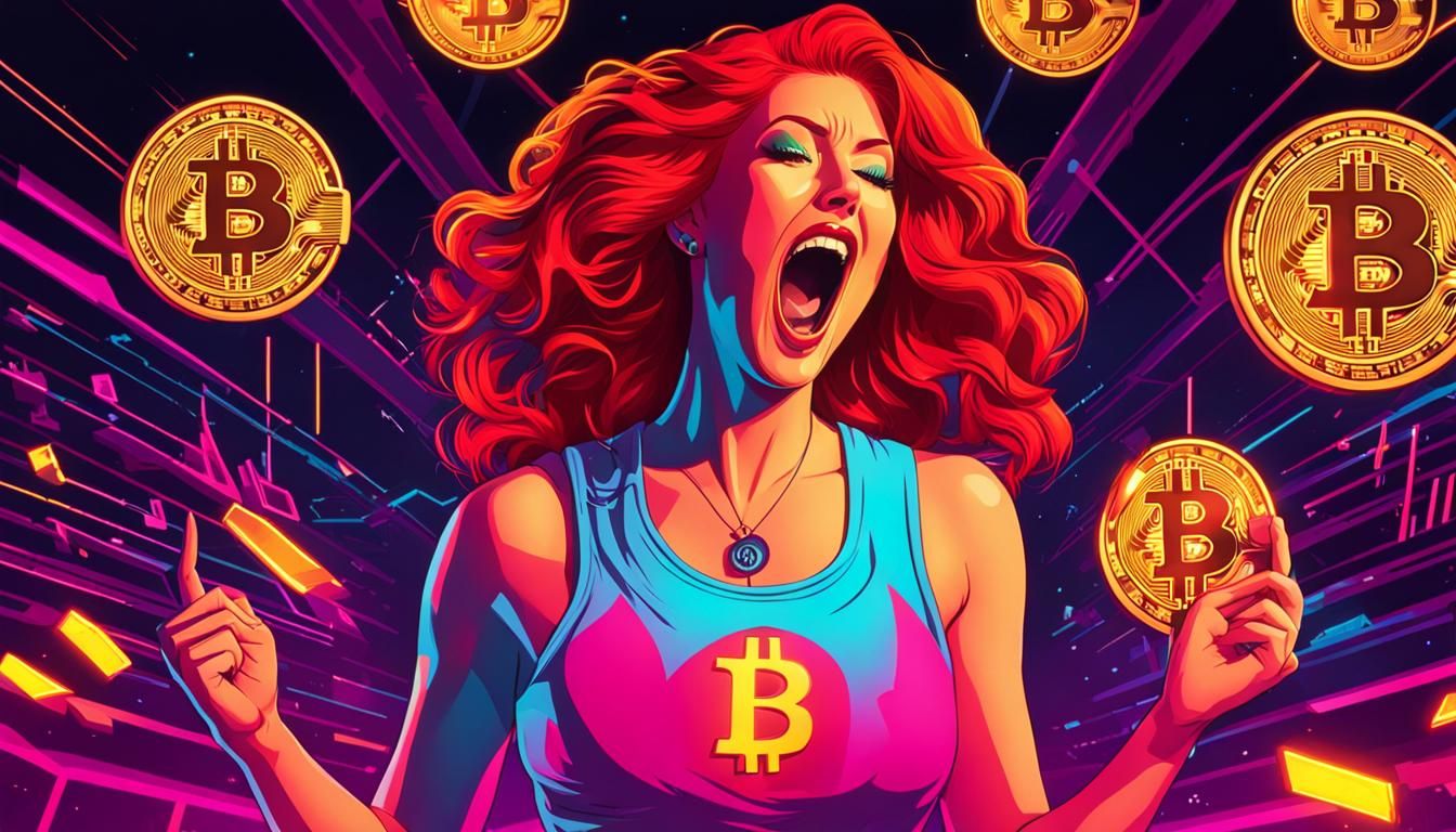 Red hair woman, screaming and stressful face, Bitcoin icons around her ...
