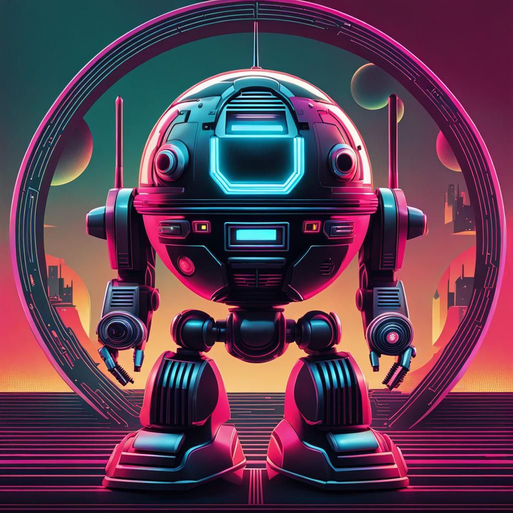 1980s style retro Robot in the shape of a Sphere with a digital LED ...