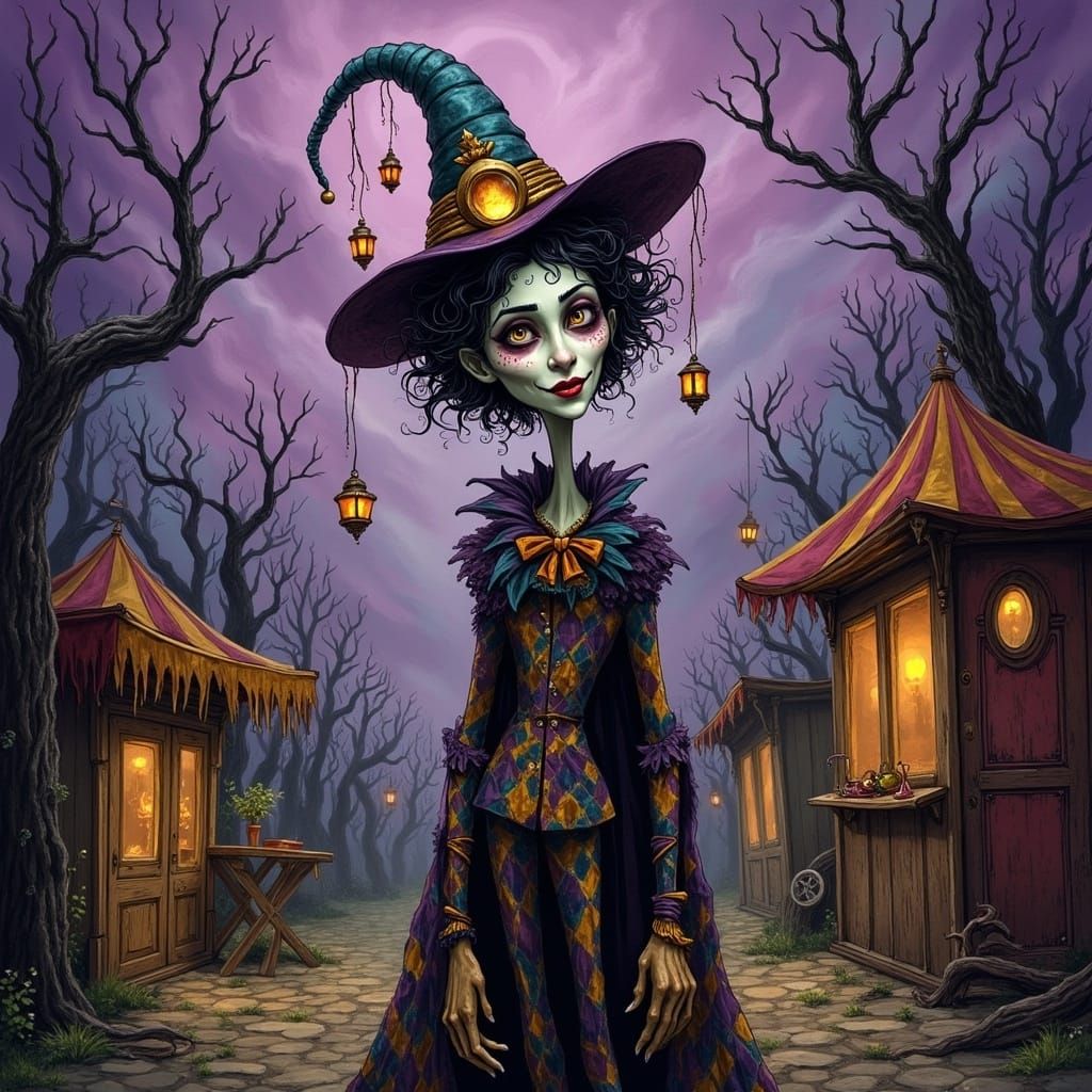 A darkly whimsical Jester at a haunted carnival. eldritch ominous Tim ...