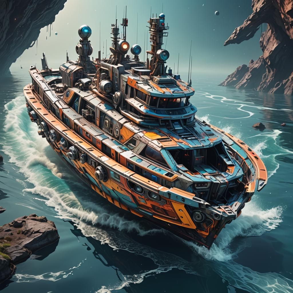 Make a creation of a boat which looks like a science fiction figure 8k ...