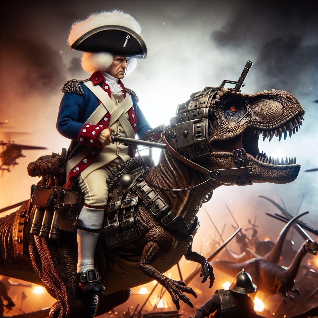George Washington Rides a war fitted T-Rex into battle - AI Generated ...